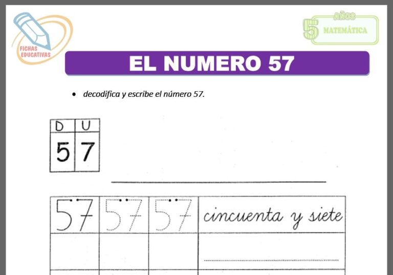 El número 57 para niños de Cinco Años - Fichas Educativas