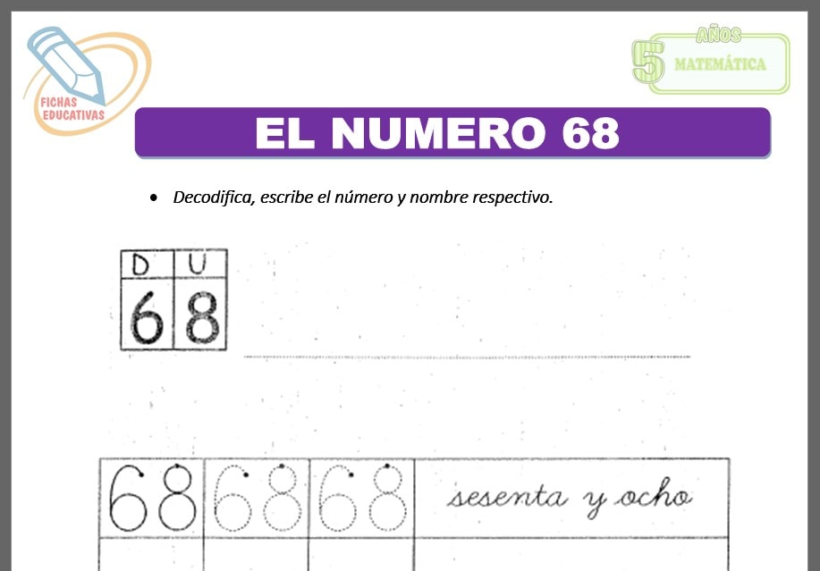 El número 68 para niños de Cinco Años - Fichas Educativas