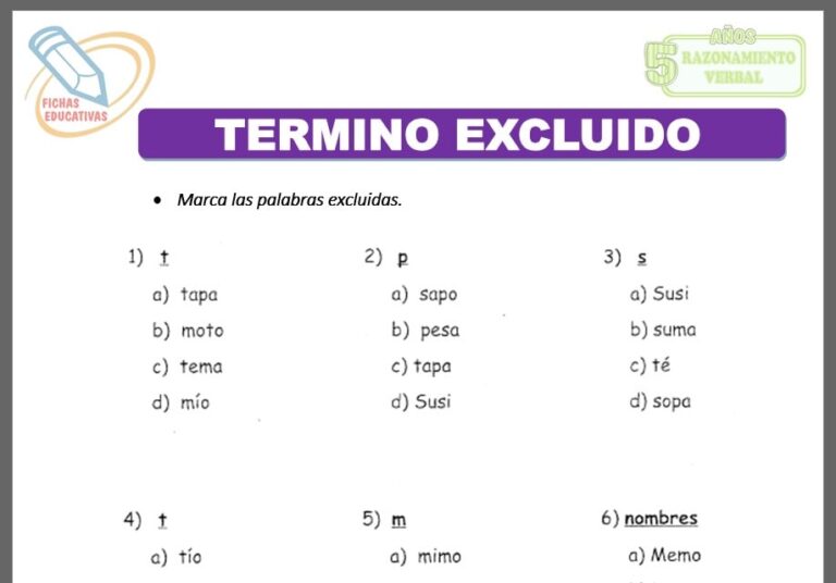 Termino excluido para niños de Cinco Años - Fichas Educativas