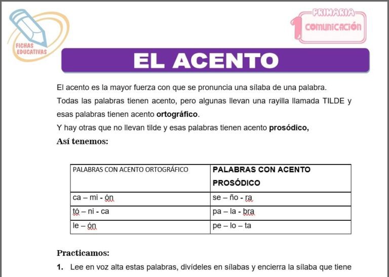 El acento para Primero de Primaria - Fichas Educativas