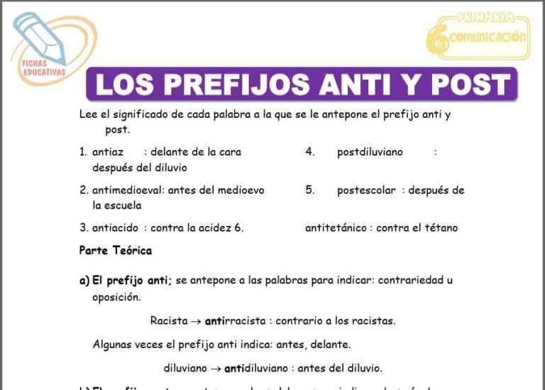 Los prefijos Anti y Post para Sexto de Primaria - Fichas Educativas