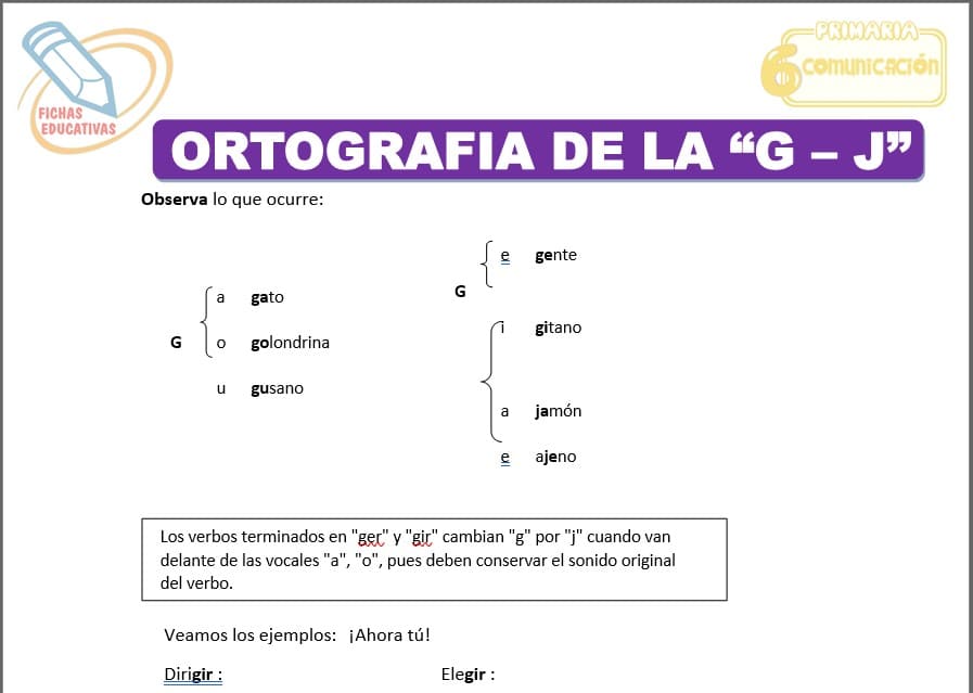 Ortografía de la “g - j” para Sexto de Primaria - Fichas Educativas
