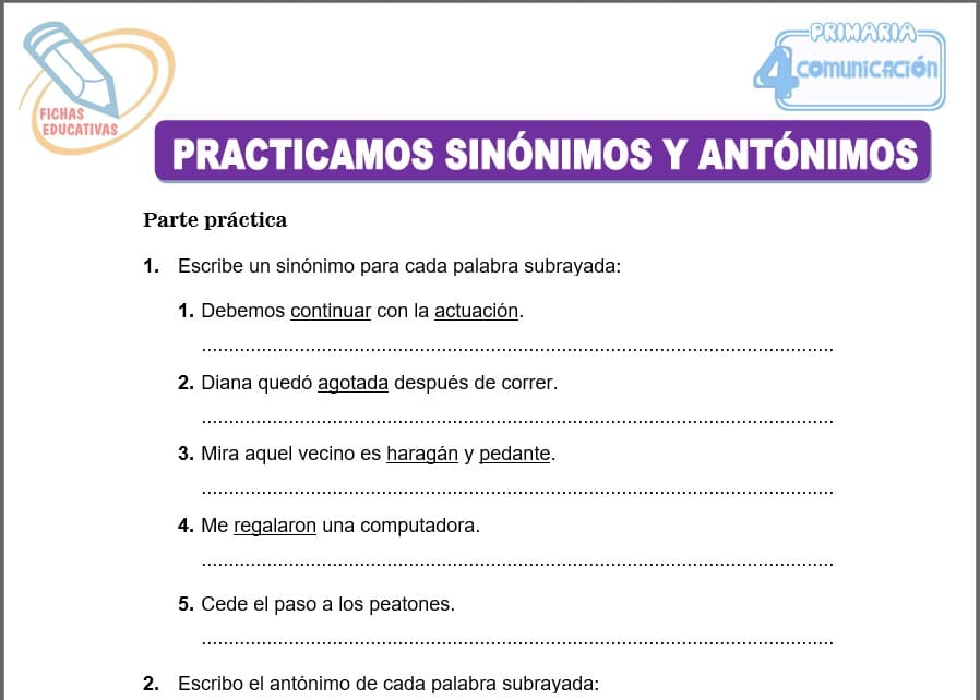 Practicamos sinónimos y antónimos para Cuarto de Primaria