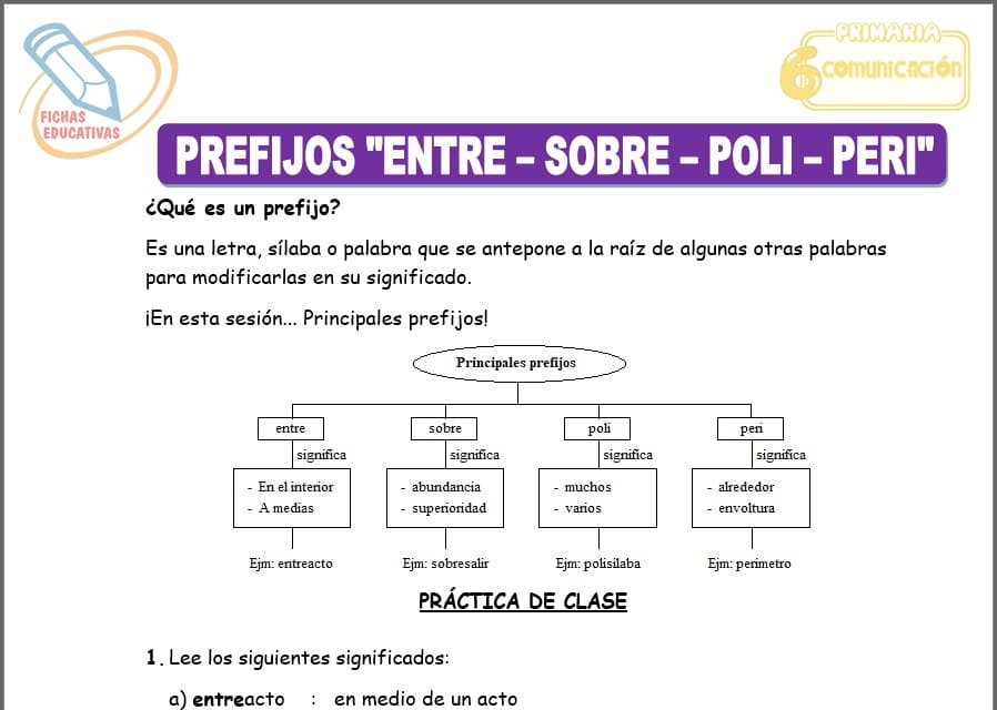 Prefijos “entre - sobre - poli - peri” para Sexto de Primaria