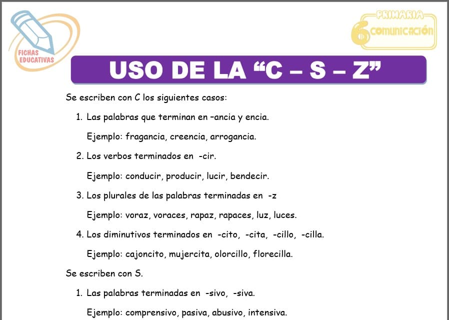 Uso De La “C - S - Z” para Sexto de Primaria - Fichas Educativas