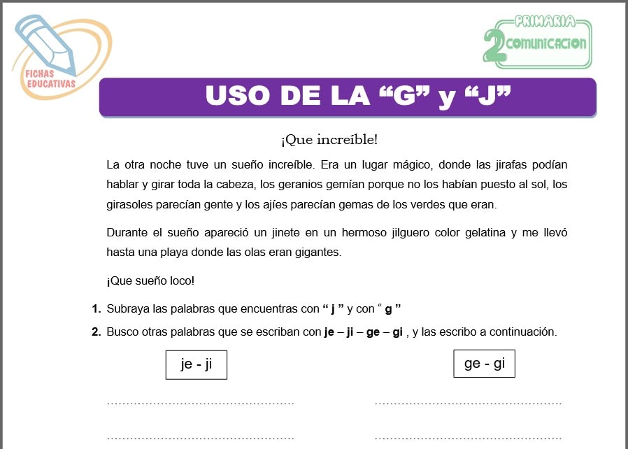 Uso de la “G” Y “J” para Segundo de Primaria - Fichas Educativas