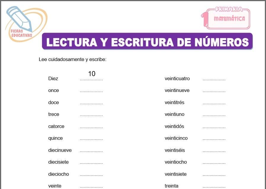 Lectura y escritura de números para Primero de Primaria