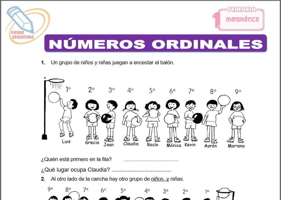 Números ordinales para Primero de Primaria - Fichas Educativas
