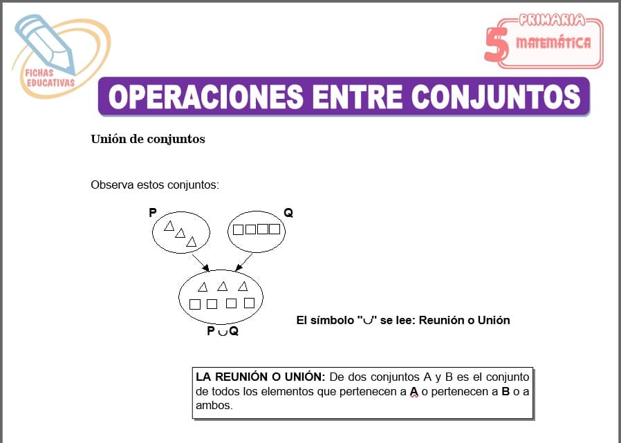 Operaciones entre conjuntos para Quinto de Primaria