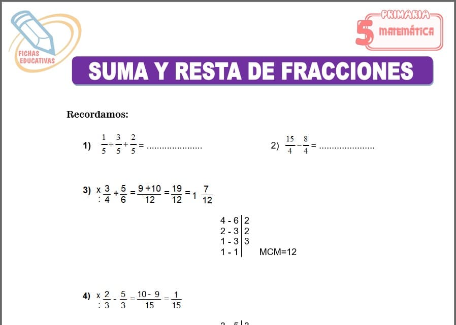 Suma y resta de fracciones para Quinto de Primaria